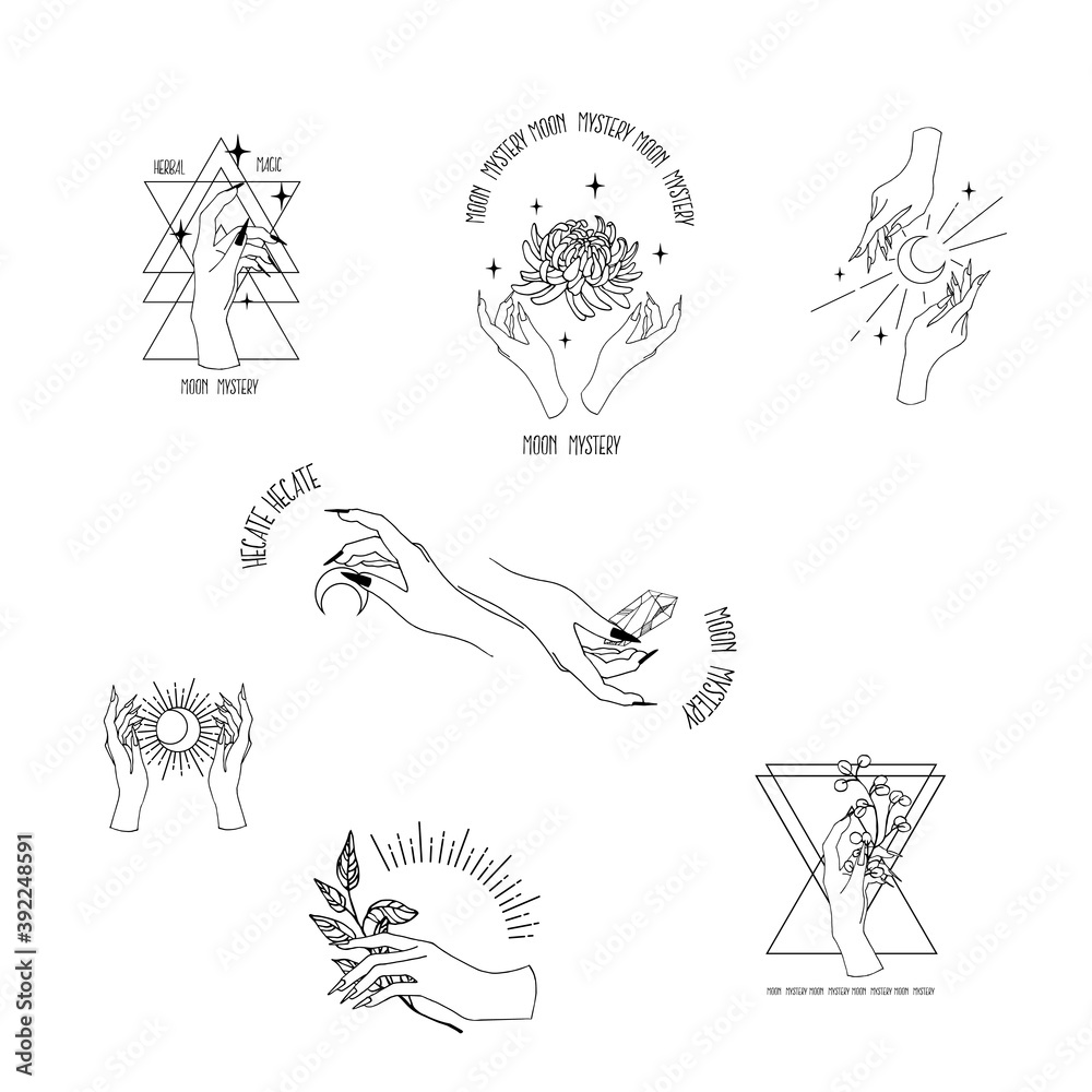 Hand drawn vector illustration of mystic logo. Magical outline clipart ...