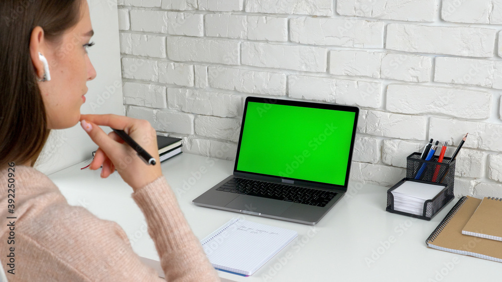 Thoughtful female study online remote distance conference webcam video ...