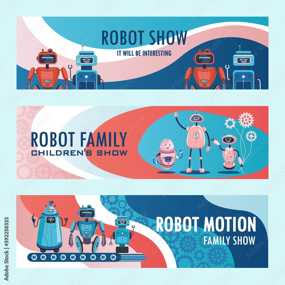Robots show invitation banners set. Humanoids, cyborgs, intelligent ...