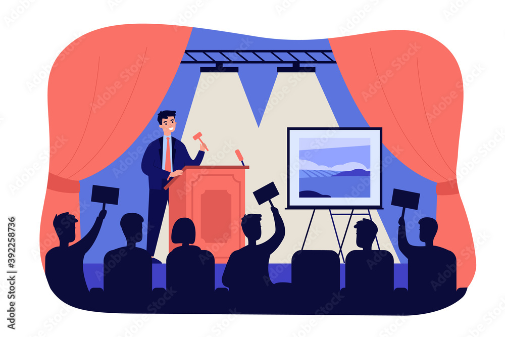 Crowd of buyers bidding at auction isolated flat vector illustration ...