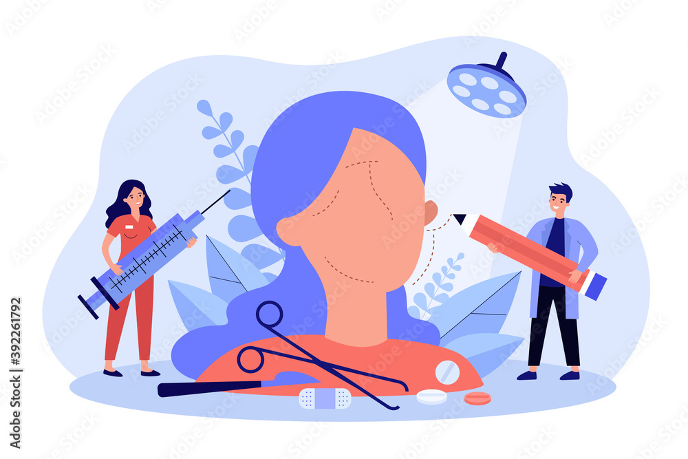 Tiny surgeons preparing abstract face for plastic surgery flat vector ...