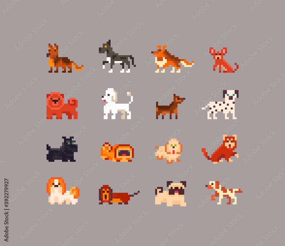 Pixel art set of dogs different kinds. Stock Vector | Adobe Stock