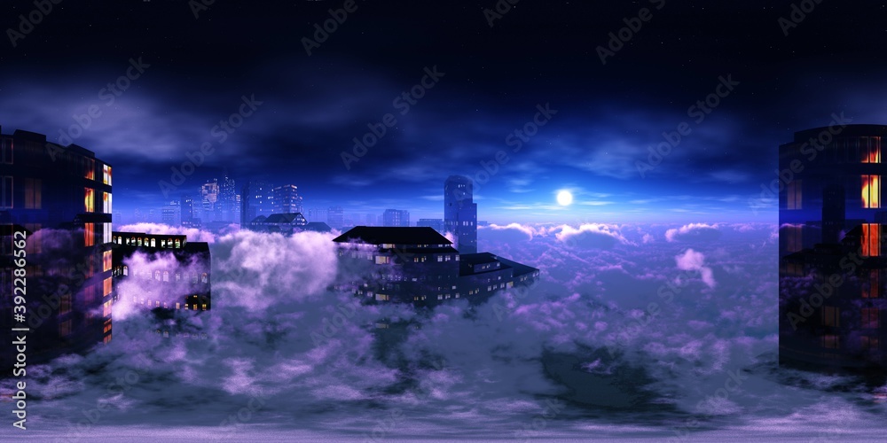 Night city among the clouds, HDRI, environment map , Round panorama ...
