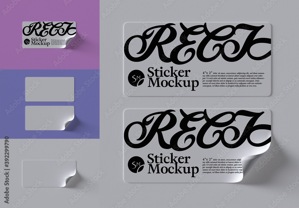 Rounded Rectangle Sticker Mouckup Layouts with Curled Corner Stock ...