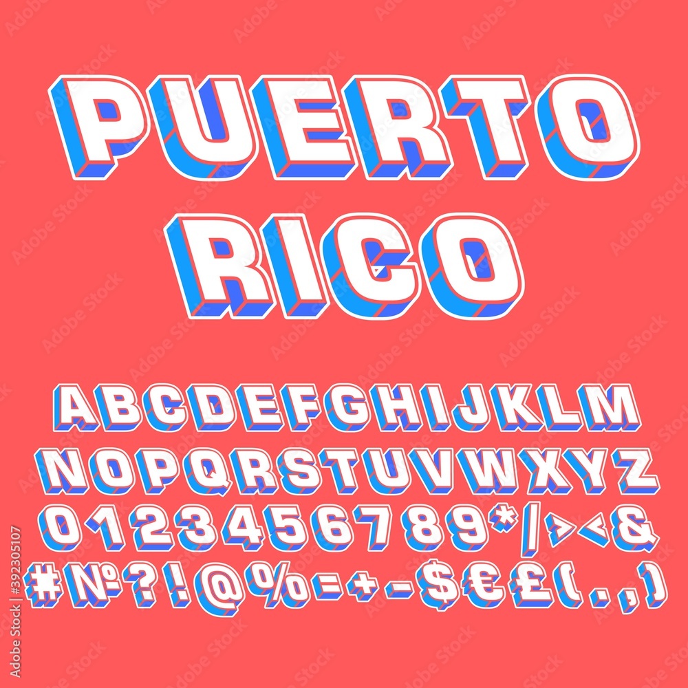 Puerto Rico vintage 3d vector alphabet set. Retro bold font, typeface ...