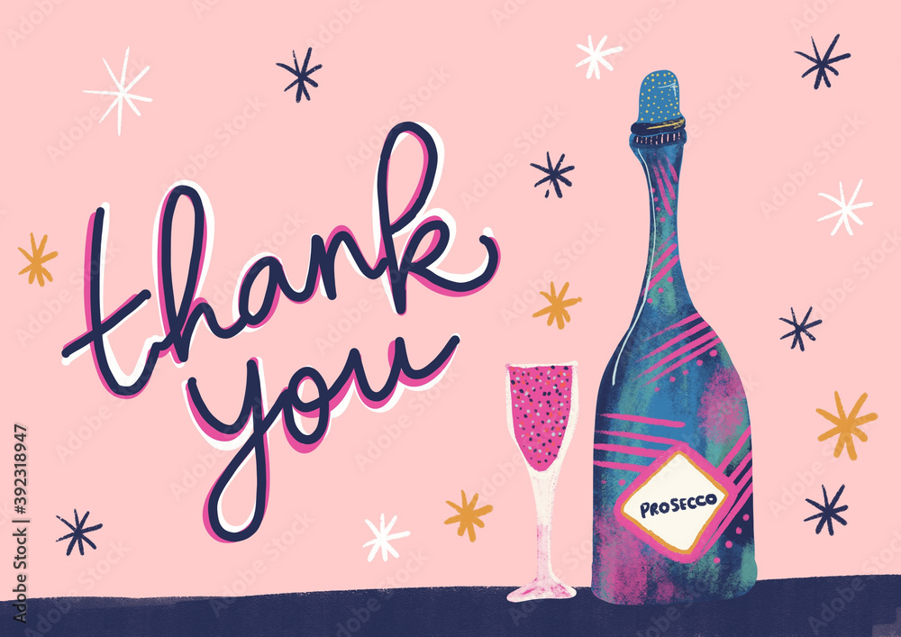 Festive card with a bottle of prosecco and an inscription 'thank you ...