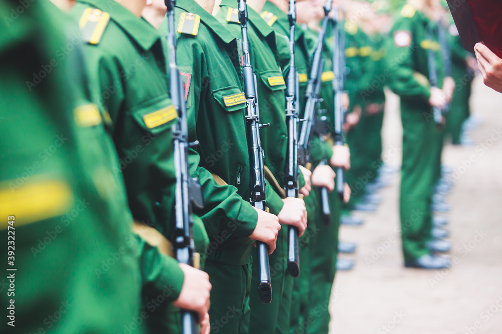 A formation line of russian army soldiers troops in military formation ...