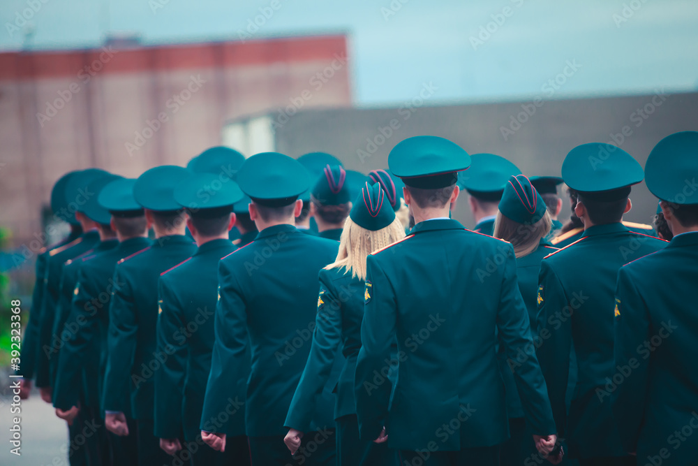 A formation line of russian army soldiers troops in military formation ...