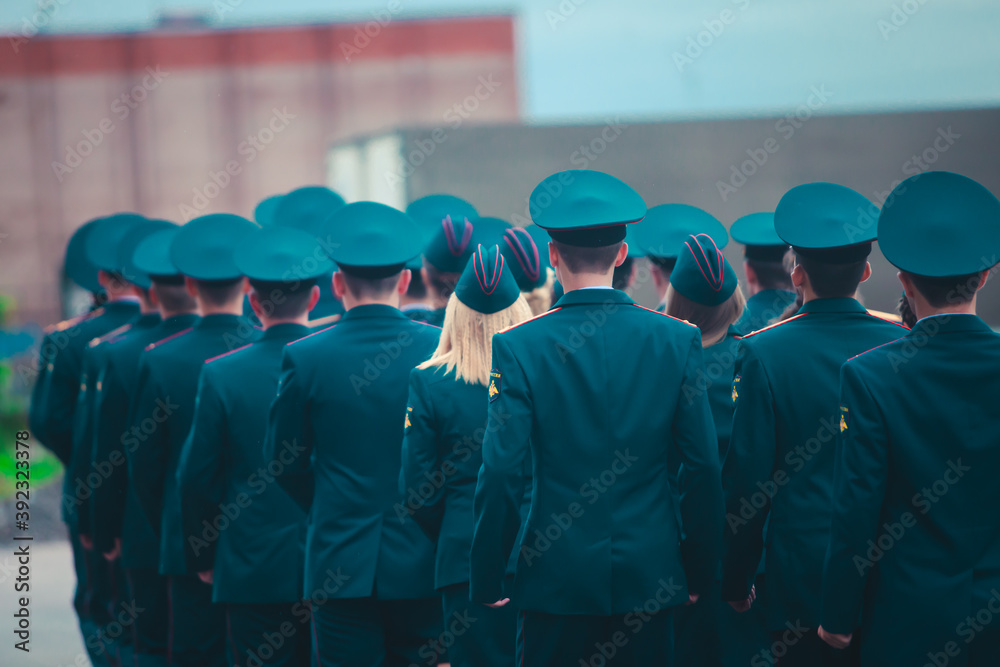 A formation line of russian army soldiers troops in military formation ...