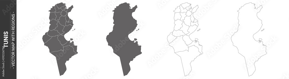 set of 4 political maps of Tunis with regions isolated on white ...
