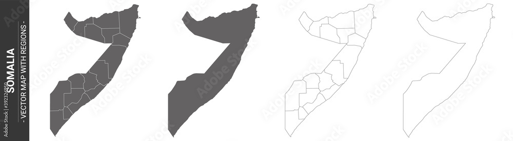 set of 4 political maps of Somalia with regions isolated on white ...