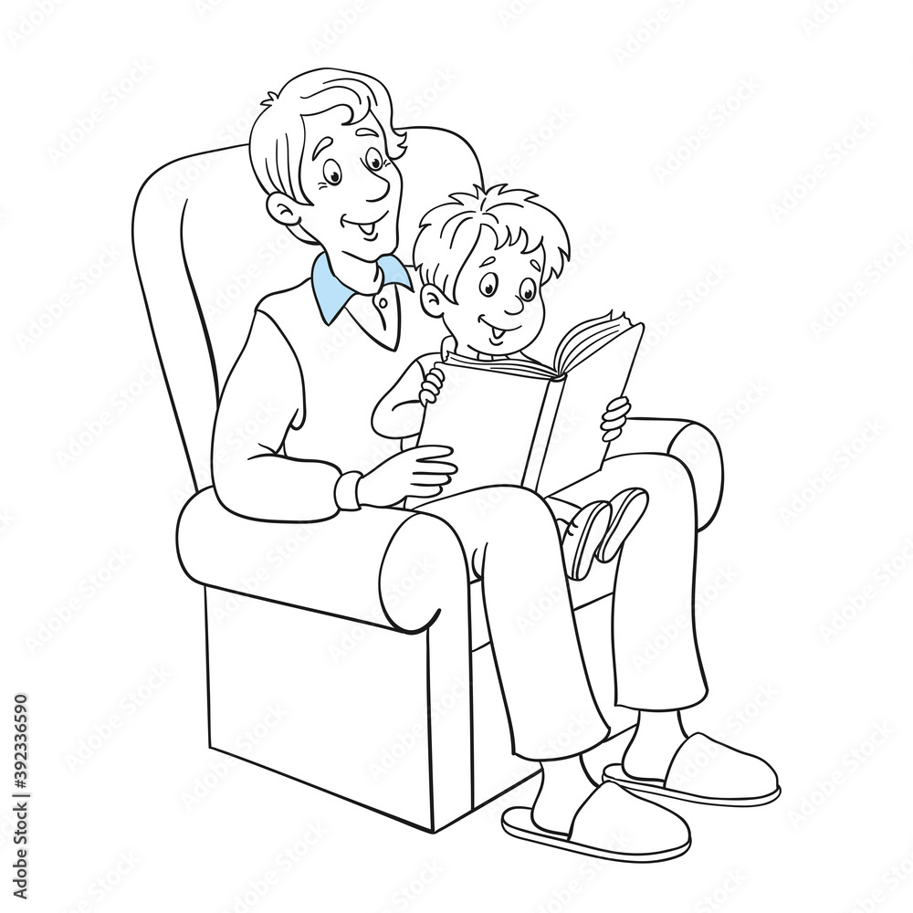 Dad and son are reading a book while sitting on the recliner. Black and ...