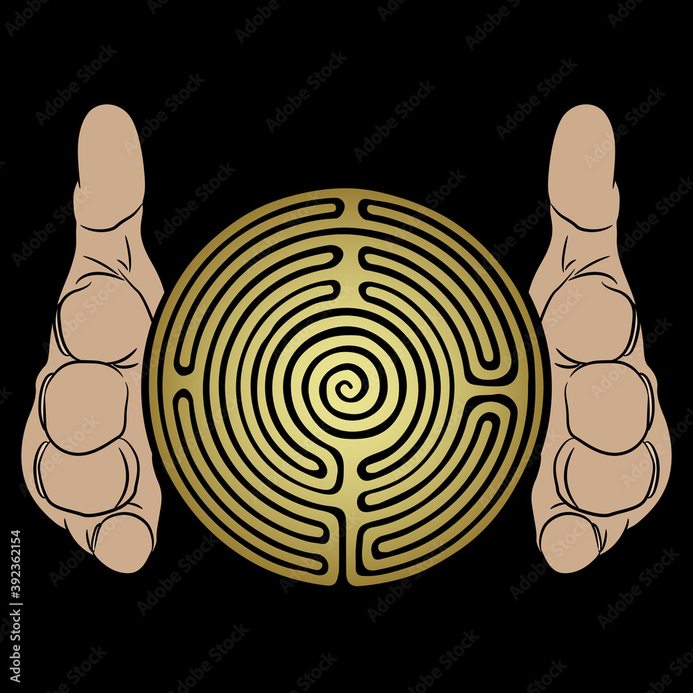 Two human hands holding round spiral golden maze or labyrinth symbol ...