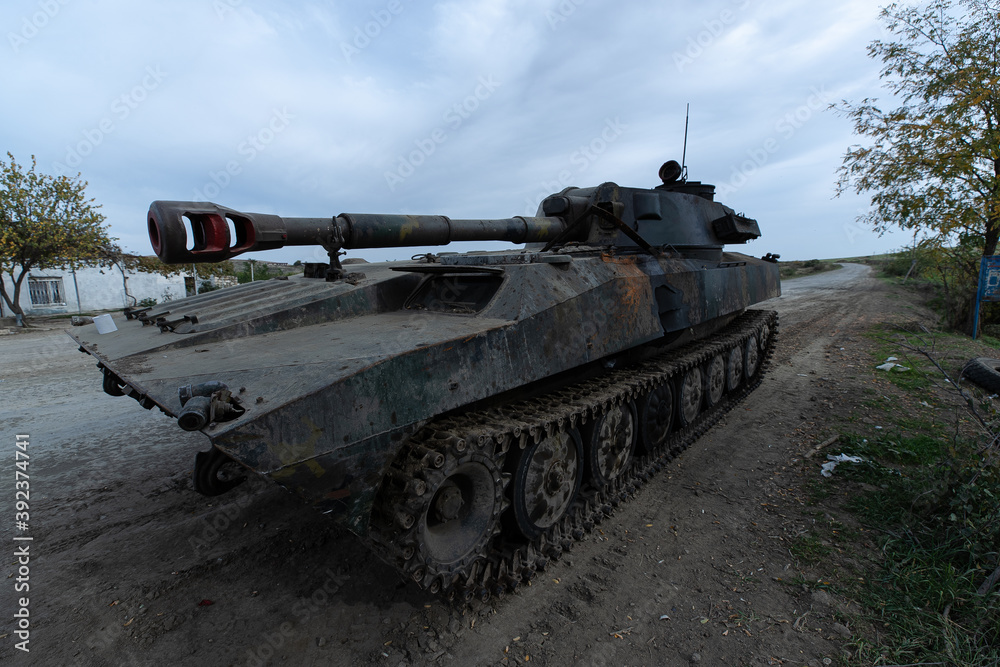 STEPANAKERT, ARTSAKH - Nov 05, 2020: Hit Azerbaijani tank near Martuni ...