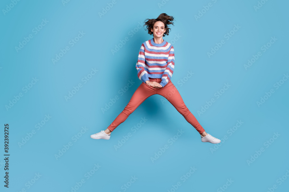 Full length body size photo of jumping high careless girl smiling ...