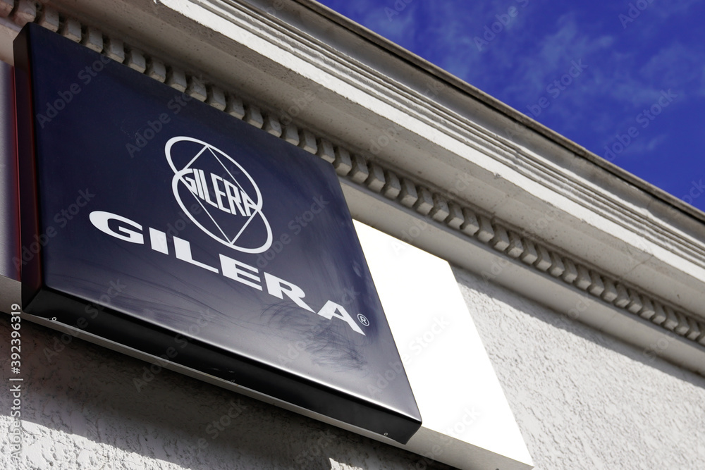Gilera logo and text sign of bike dealership shop Italian motorcycle ...