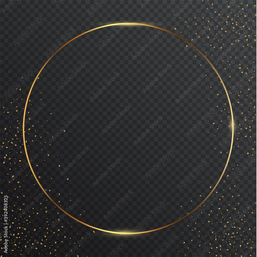 Thin round golden geometric border and confetti on dark transparent ...