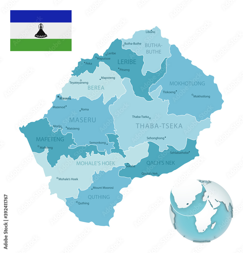 Lesotho administrative blue-green map with country flag and location on ...