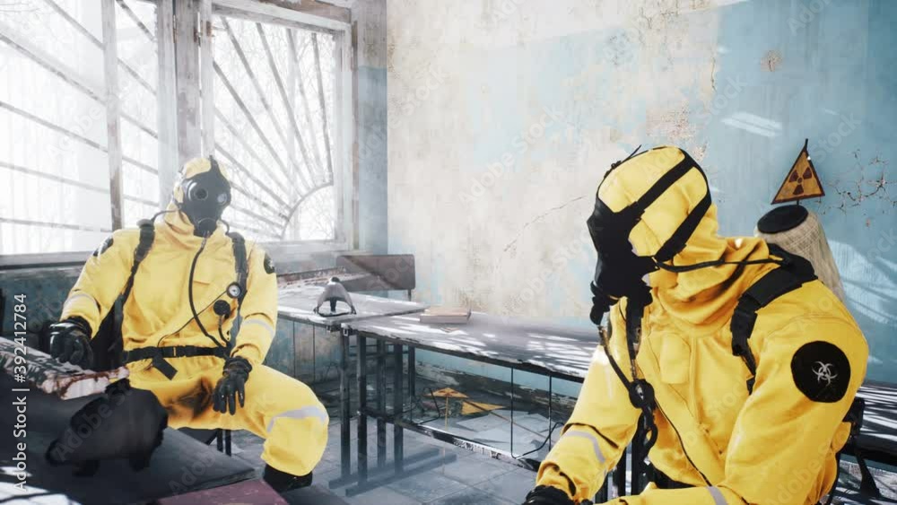 Vidéo Stock Survivors in special suits after a nuclear war or a deadly ...