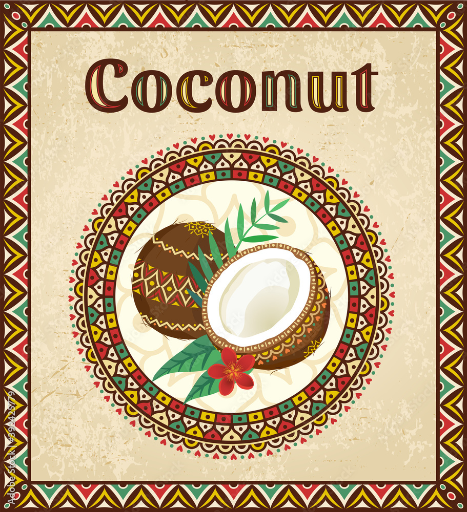 Coconut label. Hand drawn coconut vintage ethnic banner Stock Vector ...