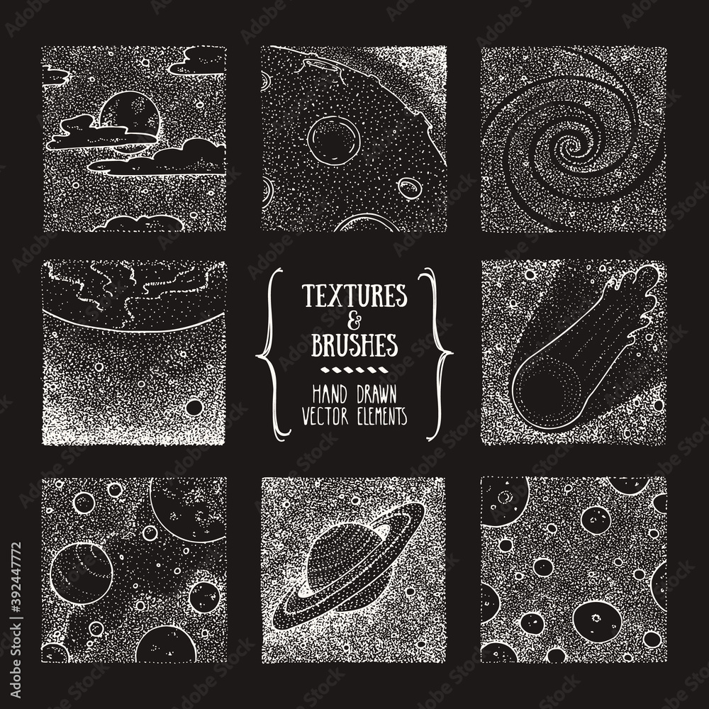 Hand drawn stippling illustrations related to cosmos, space exploration ...