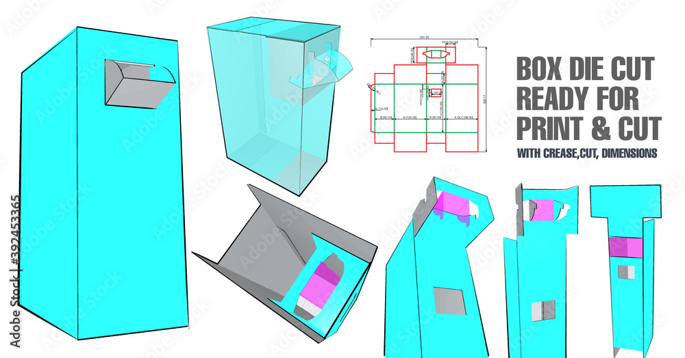 Box Die Cut Cube Template with 3D Preview organised with cut, crease ...