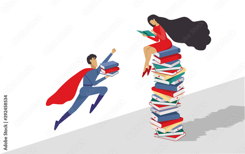 Ladies reading book. Superman flies with books. Flat cartoon vector ...