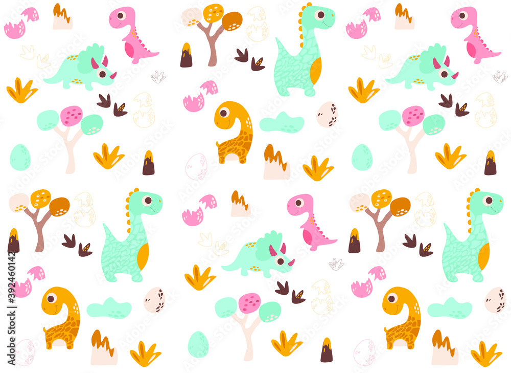 background with dinosaurs, vector illustration (dino, eggs, trees ...
