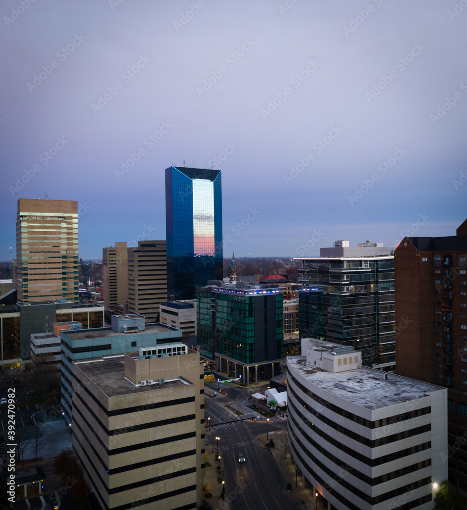 Drone view of early morning sunrise in downtown Lexington, Kentucky ...