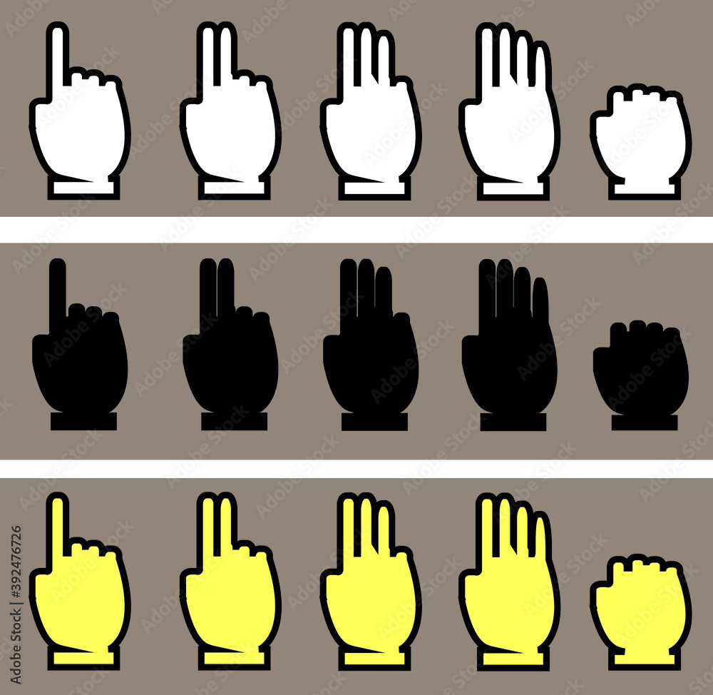 Fingers symbols. White, black, and yellow hands. One, two, three, four ...