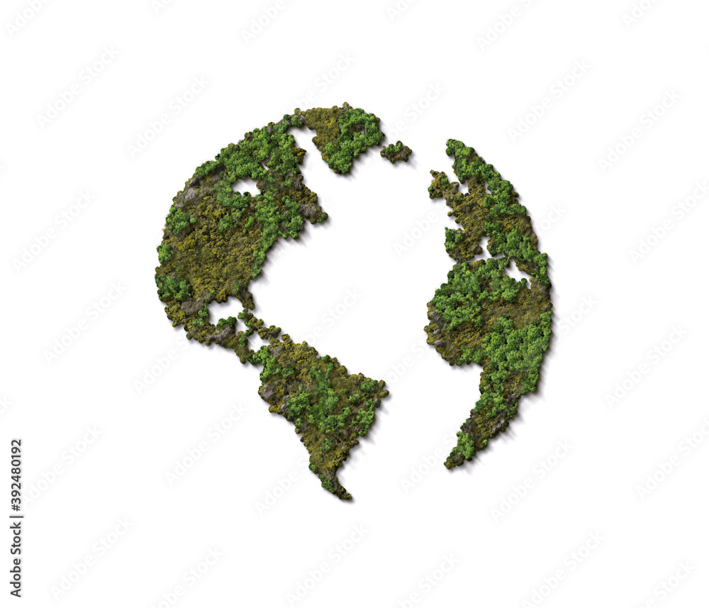 Green World Map- 3D illustration tree or forest shape of world map ...