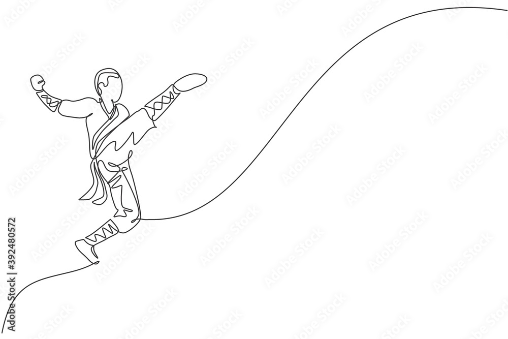 Single continuous line drawing young muscular shaolin monk man train ...