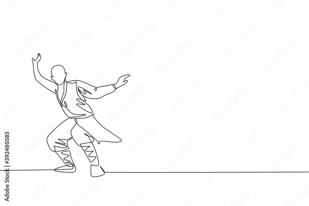 Single continuous line drawing young muscular shaolin monk man train ...