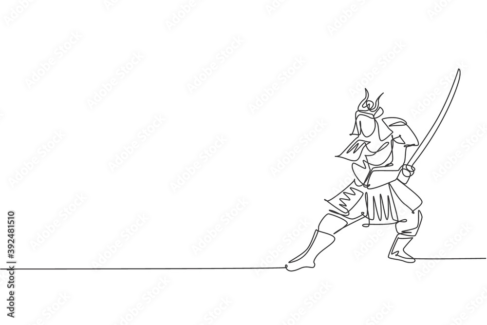 One continuous line drawing of young bravery samurai shogun wearing ...