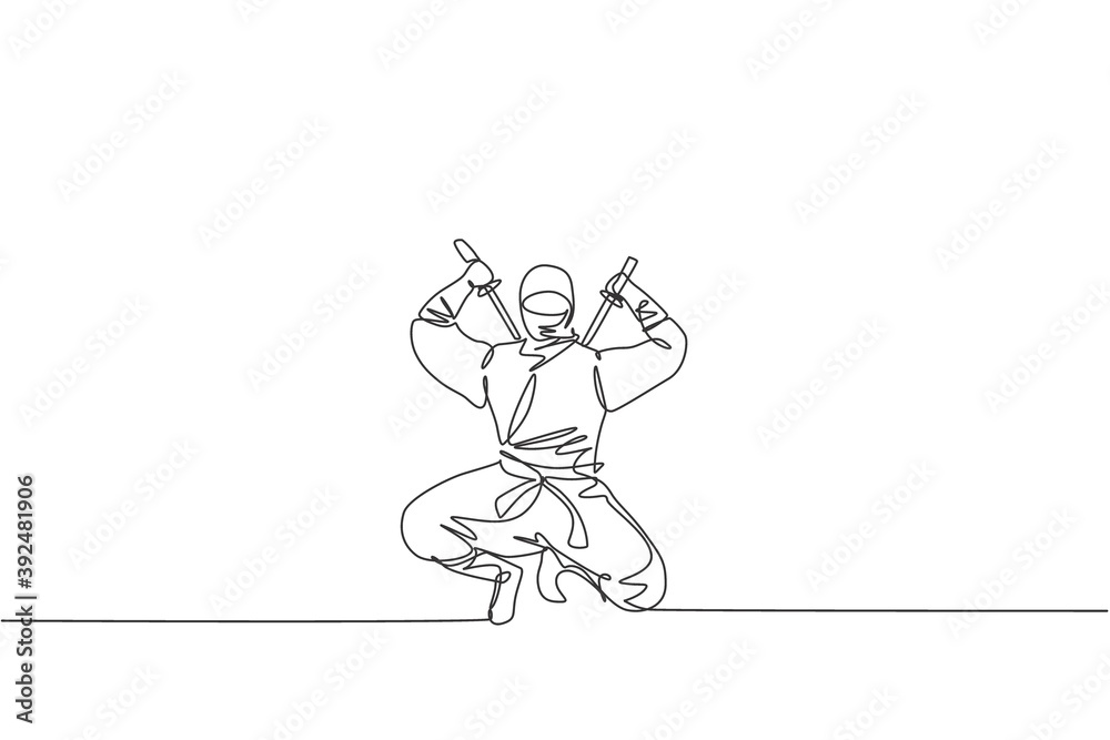 Single continuous line drawing of young Japanese culture ninja warrior ...