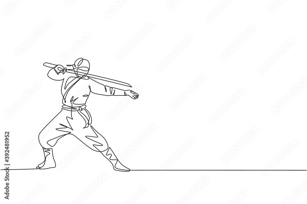 Single continuous line drawing of young Japanese culture ninja warrior ...
