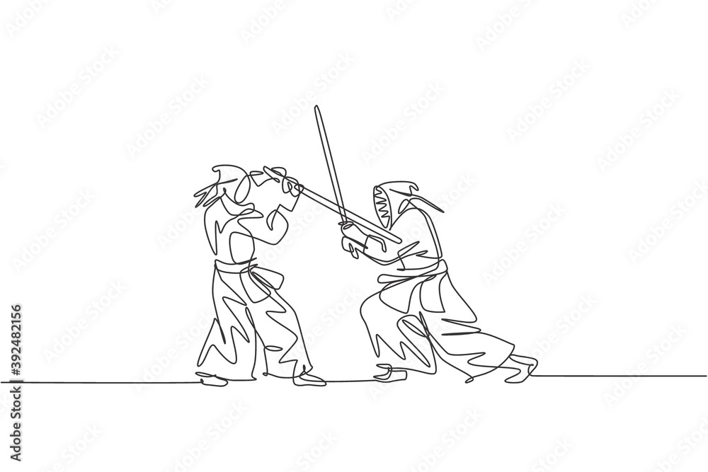 One continuous line drawing of two young sporty men fighting skill on ...