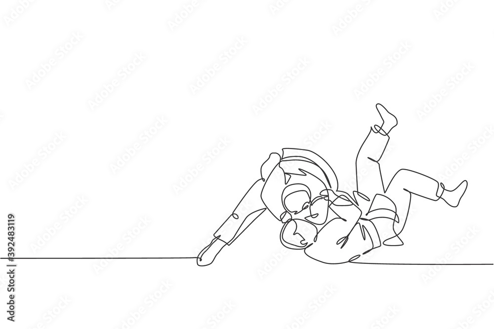 Single continuous line drawing of two young sportive judoka fighter men ...