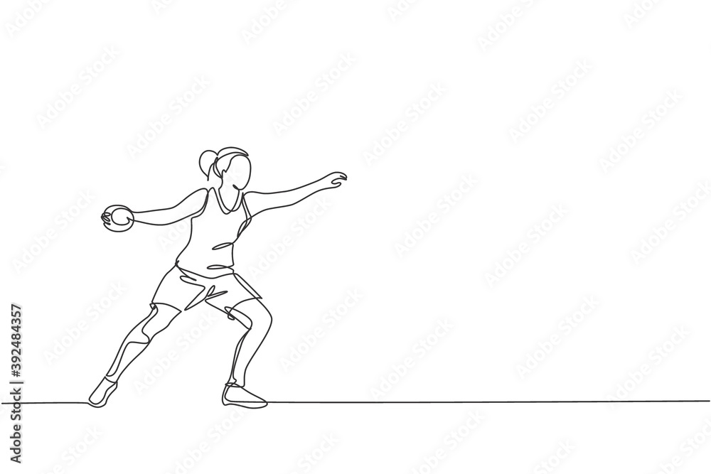 One continuous line drawing of young sporty woman exercise to throw ...