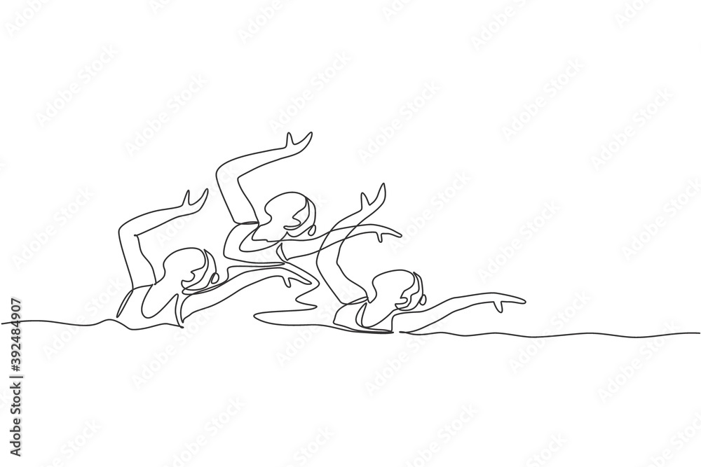 One single line drawing of young beauty women swimmer performing ...