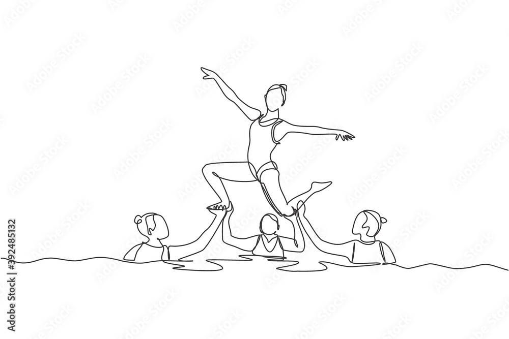 One single line drawing of young beauty women swimmer performing ...