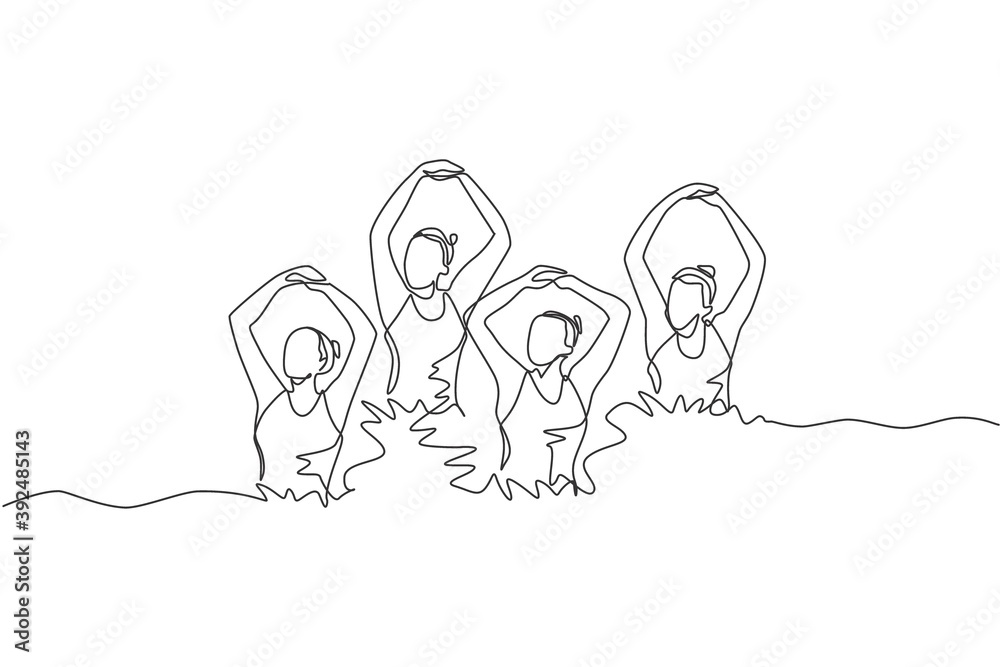 One continuous line drawing of young sporty women synchronized swimmer ...