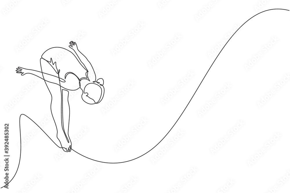 One continuous line drawing of young sporty woman tumbling and ...