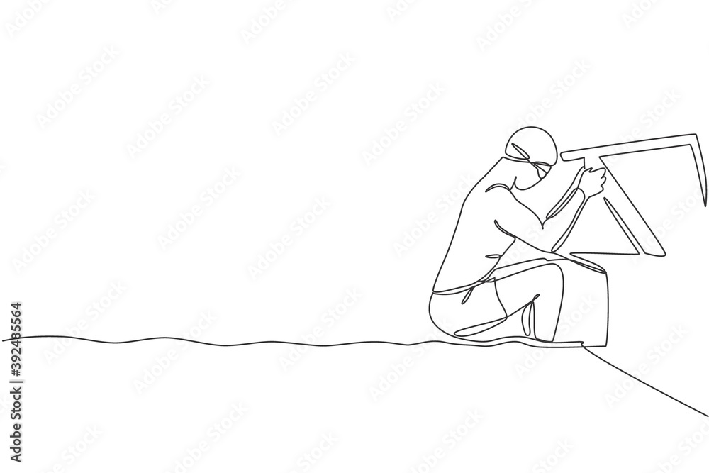 One continuous line drawing of young muscular professional swimmer man ...