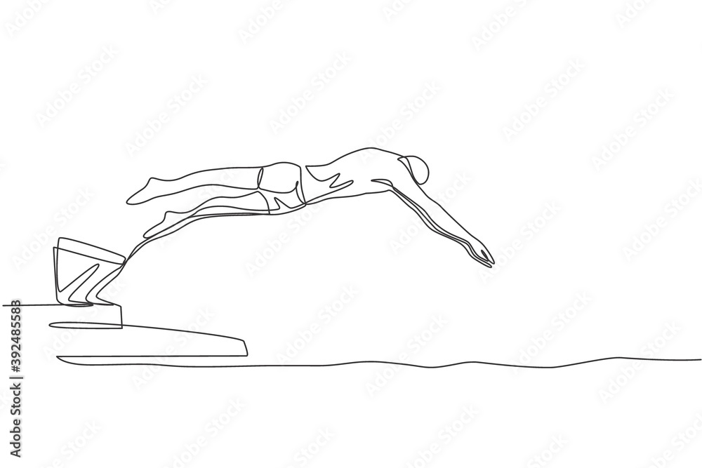 One single line drawing of young sporty fit swimmer jump to practice ...