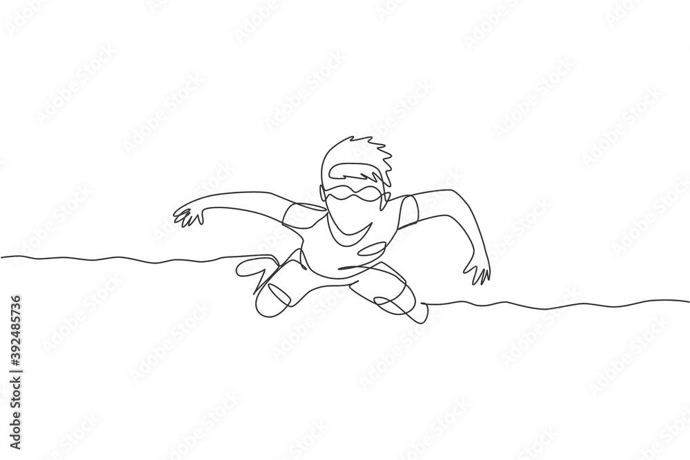 One single line drawing of young boy practice floating in swimming pool ...