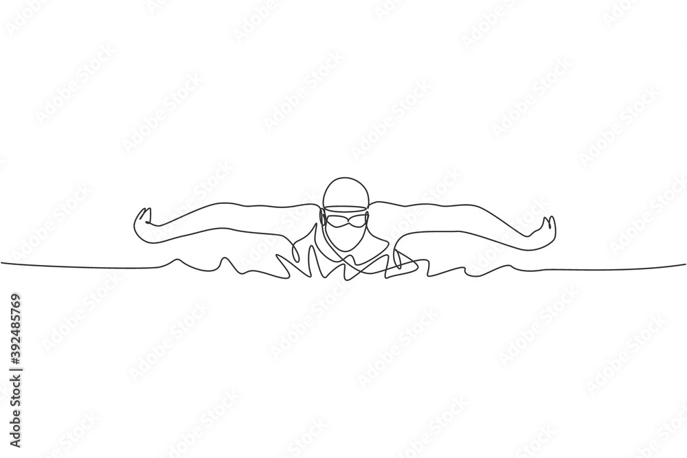 Single continuous line drawing of young happy professional swimmer man ...