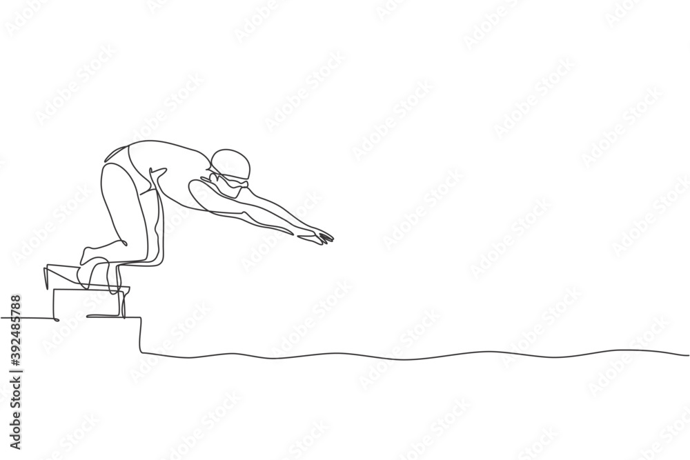 One single line drawing of young sporty fit swimmer ready to jump to ...