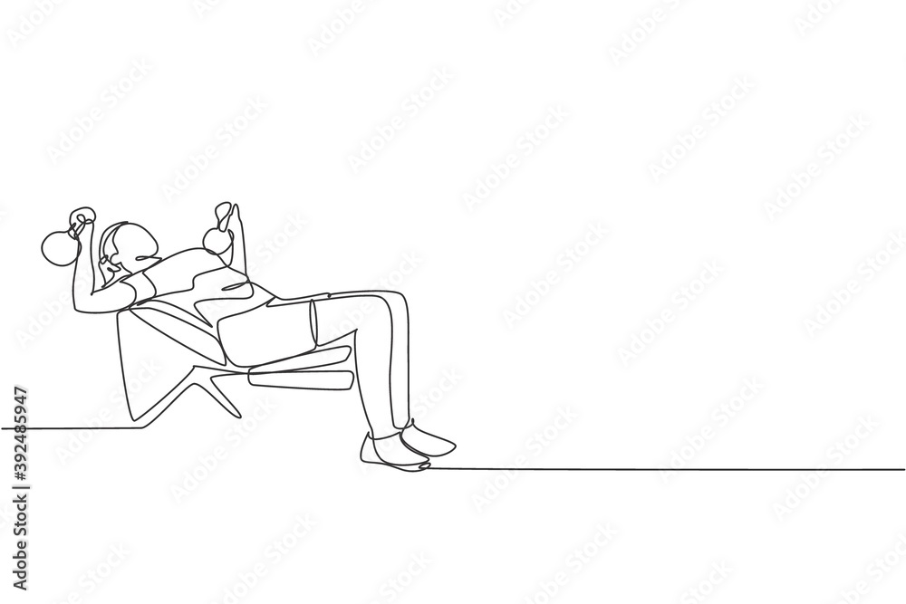 One continuous line drawing of sporty woman working out lifting ...