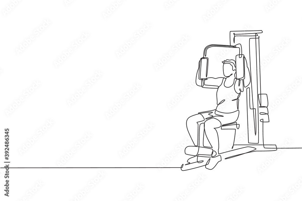 One continuous line drawing young sporty man working out with ab crunch ...